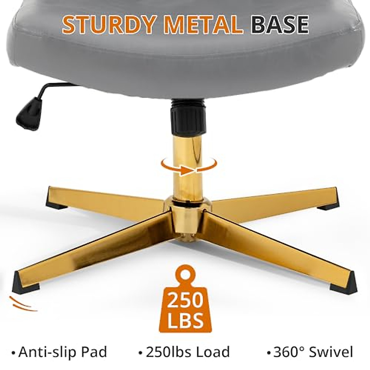 TURRIDU Home Office Armless Swivel Chair, Criss Cross Golden Legs No Wheels PU Leather Wide Seat Mid Back Aesthetic Chair for Living Room Bedroom Vanity Makeup Reading Computer Desk Task, Black