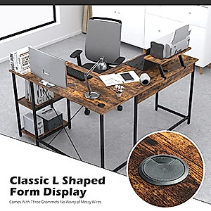 OUTFINE L Shaped Desk Corner Desk Double Computer Desk Home Office Gaming Workstation with Storage Shelves and Monitor Stand