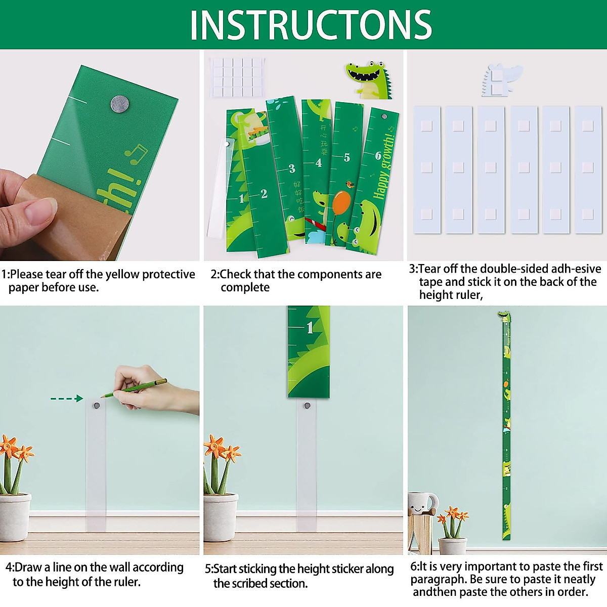 Buiory Removable 3D Cartoon Crystal Acrylic Height Measurement Chart Wall Stickers Solid Inches Growth Chart Ruler Wall Decal Wall Decor for Kids Babys Children Boys and Girls Bedroom Living Room Nursery (Crocodile)