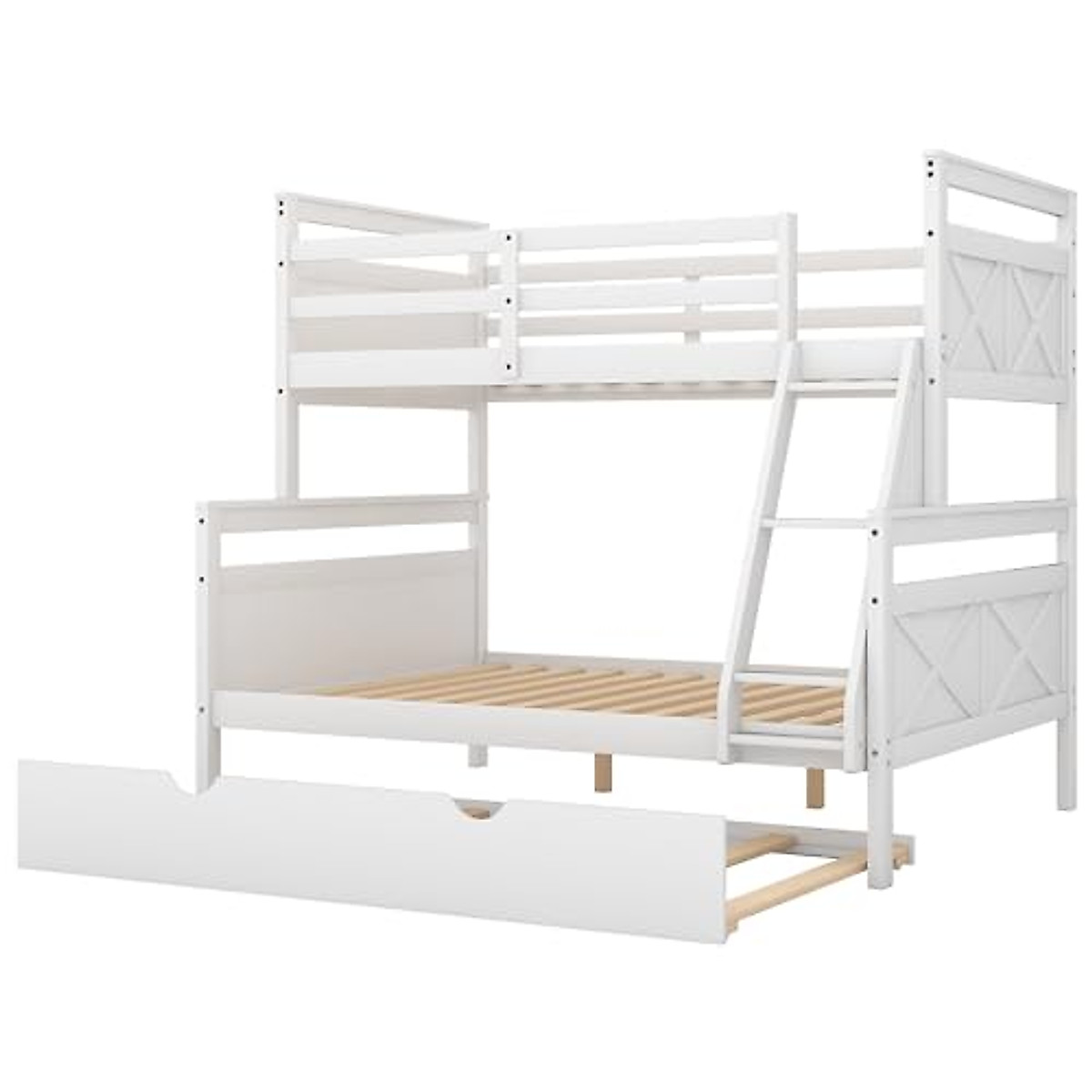 DEYOBED Twin Over Full Bunk Bed with Twin Size Trundle, Wooden Bed Frame with Ladder and Safety Guardrail for Kids Boy Girls, Can Convertible into 2 Separated Beds, White