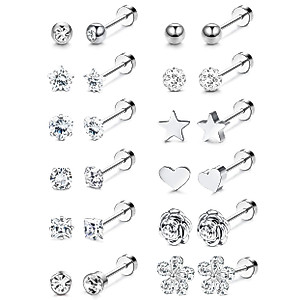 LOLIAS 12 Pairs 18G Barbell Stud Earrings for Men Women Stainless Steel Ball CZ Cartilage Helix Surgical Flatback Earrings Set