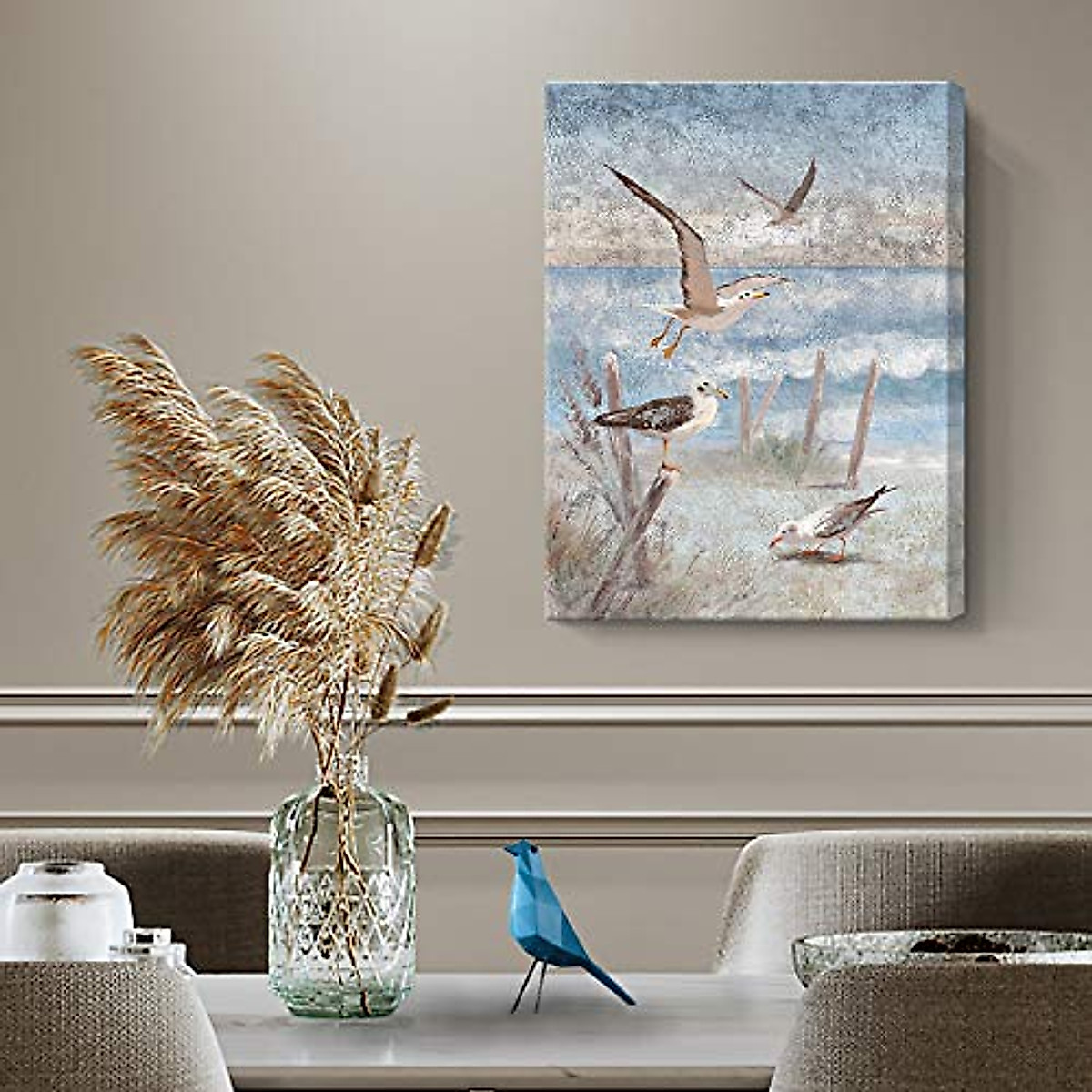 Beach Wall Art Bathroom Decor Ocean Theme Canvas Print Coastal Painting Perching Bird by The Sea Shore Abstract Seascape Picture Framed Artwork for Bedroom Living Room Office Ready to Hang 12x16inch