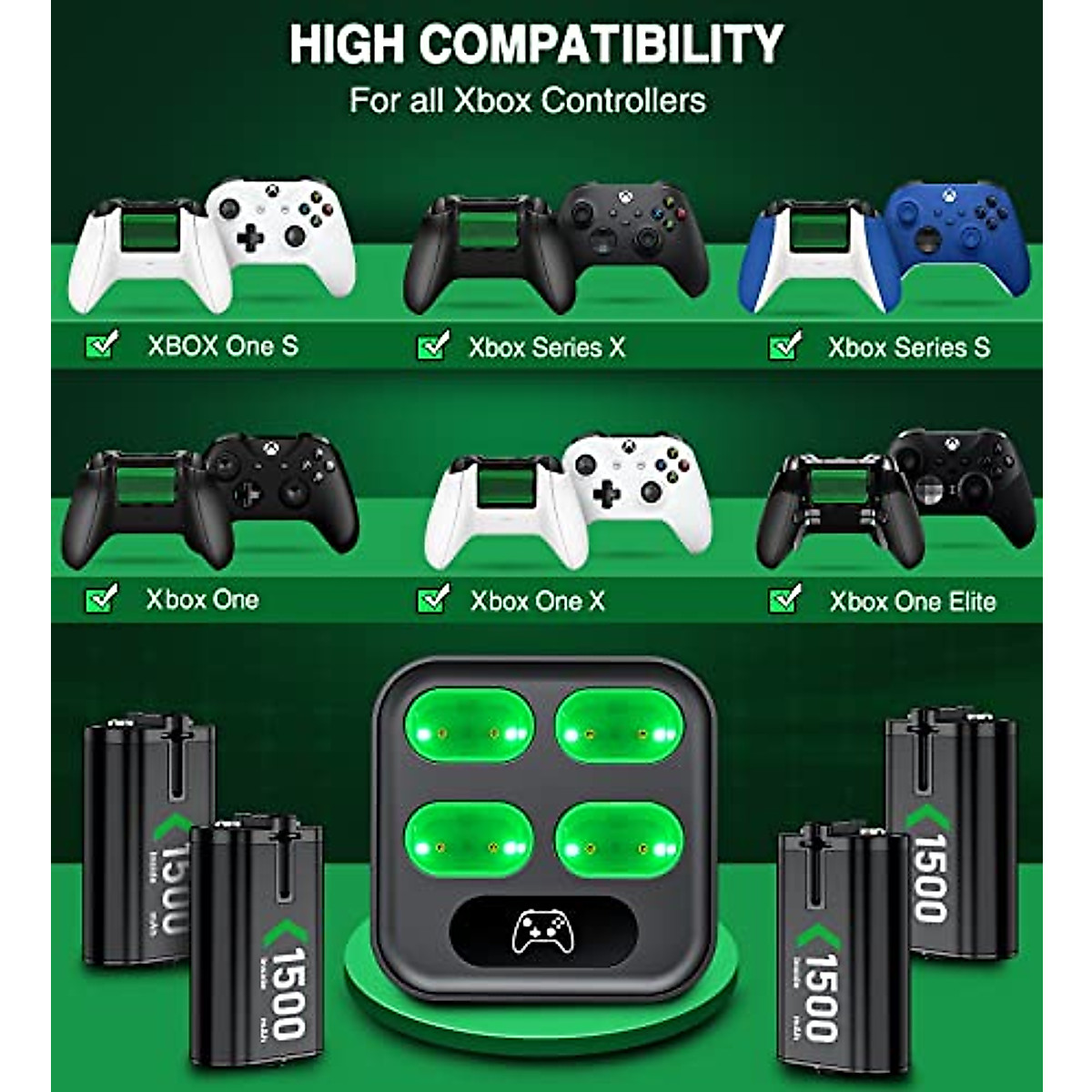 Xbox Controller Battery Pack for Xbox Series X|S/Xbox One S/X/Elite, 4x1500mAh Xbox One Rechargeable Battery Pack With Fast Charger Station for Xbox Series X|S/Xbox One S/X/Elite Wireless Controller