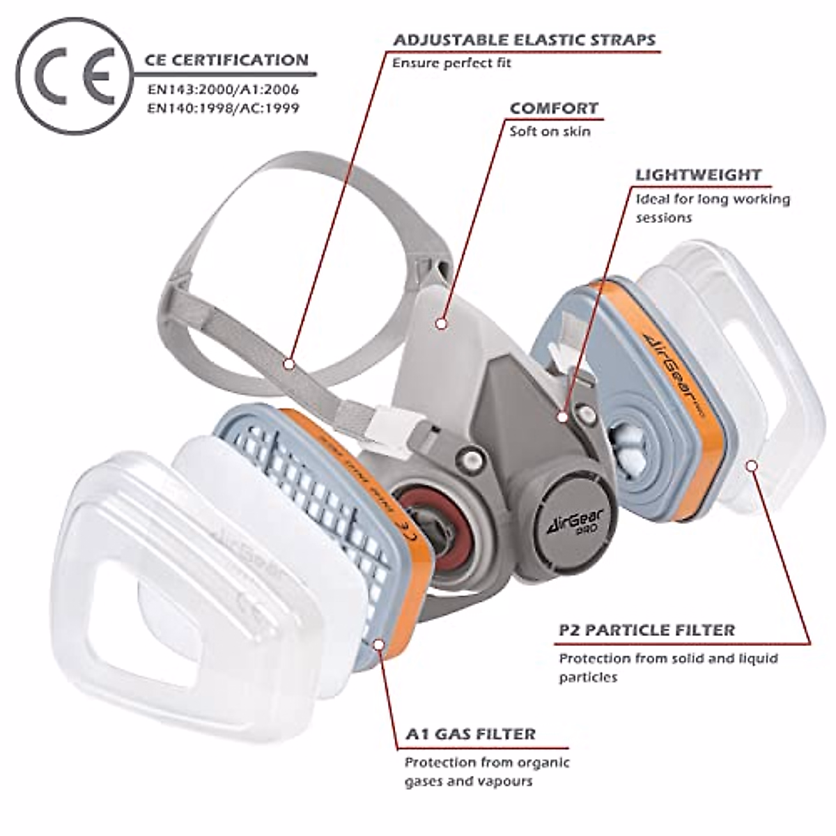 AirGearPro M-500 Reusable Respirator Mask with A1P2 Filters | Anti-Gas, Anti-Dust | Gas Mask Ideal for Painting, Woodworking, Construction, Sanding, Spraying, Chemicals, DIY etc