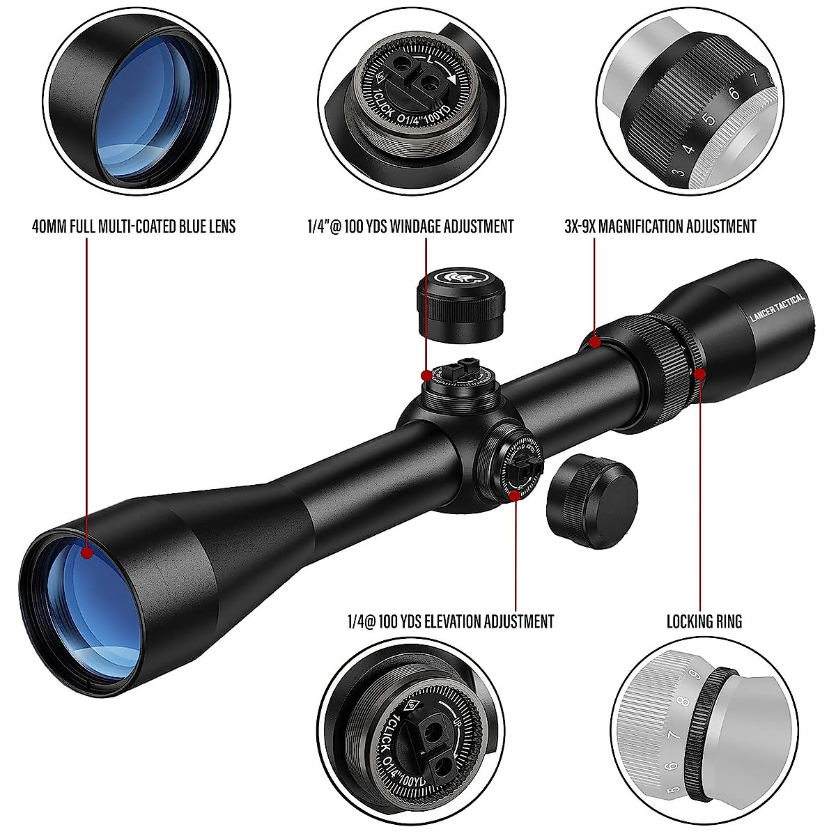 Lancer Tactical Airgun Airsoft Scope: 3-9x40 Rifle Scope with Fast Focus Eyepiece and Reticle Crosshair for Accurate Shooting w/Mil-dot 3" Eye Relief - 40mm