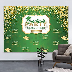 7x5ft Green Graduate Party Backdrop Class of 2023 Graduation Congratulations Background Gold Dots Caps Prom Photography for Senior Year Graduation Party Decoration Banner Supplies