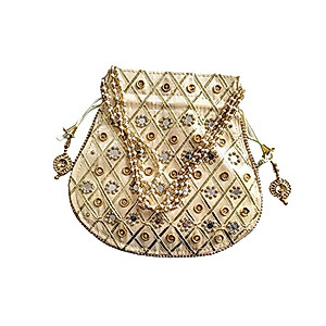 CRAFTFOBIA Women potli Bag Purse Rajasthani Clutch Wallet Ethnic | Zari work Style Pure Cotton with Gota Patti Designer Potli (Golden)