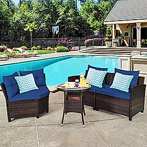 Tangkula 4-Piece Patio Furniture Set, C-Shape Outdoor Wicker Sectional Sofa Set, w/Cushions & Glass Coffee Table, Modern Deck Rattan Furniture for Garden Poolside Balcony (Navy Blue)