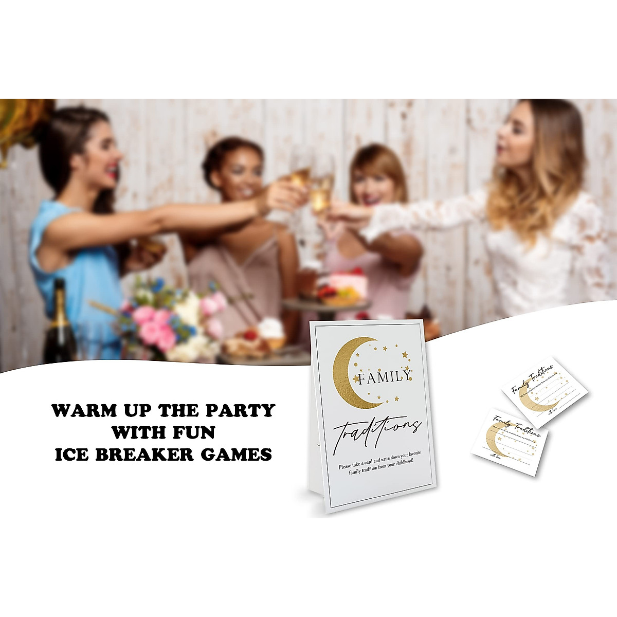 Golden Moon Theme Favorite Family Traditions Baby Shower Games Set(1 Sign and 20 Cards), Games for Baby Shower, Wedding Shower Bridal Shower, Game Night, Gender Reveal Party, Family Day Decorations 06