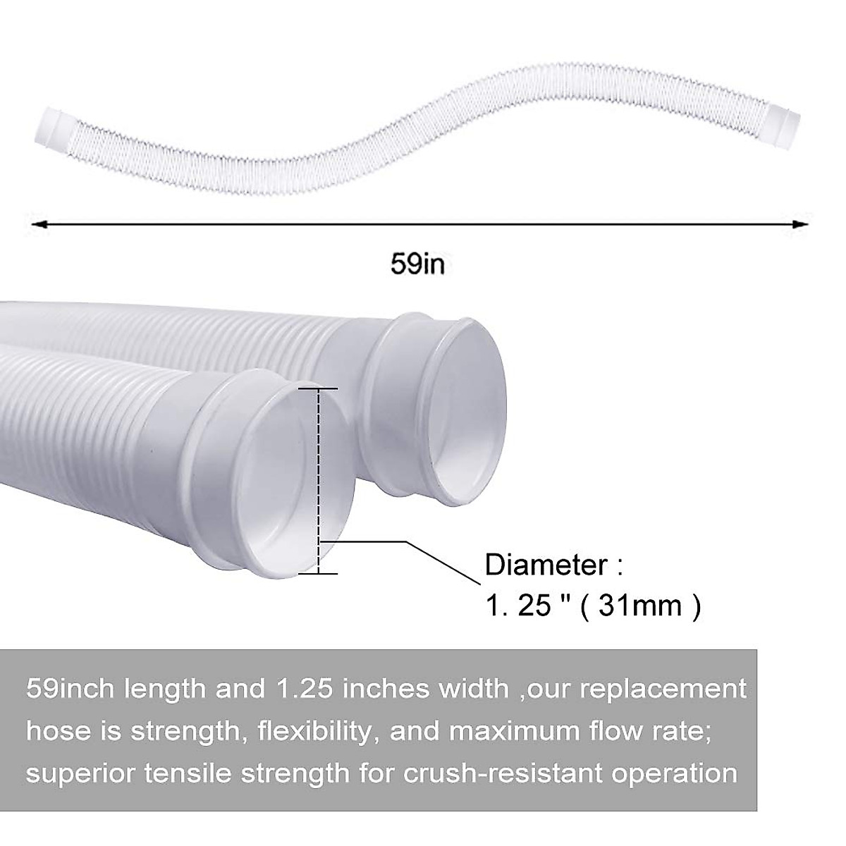 Swimming Pool Replacement Hoses,1.25in Diameter Hoses(2pcs),Premium Quality Kinkproof PE,Pool Filter Replacement Hoses Compatible with Filter Pump 330 GPH, 530 GPH, and 1000 GPH.(59” Length)
