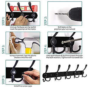 LotFancy Wall Mounted Coat Rack, Black Coat Hooks for Wall, 3 and 5 Tri Hooks, Stainless Steel Heavy Duty Metal Hook Rail for Coats, Hats, Towels, Handbags, for Kitchen, Mudroom, Entreway