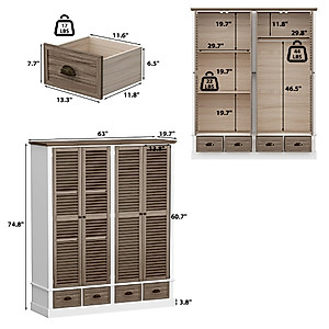 ECACAD 4 Doors Wardrobe Armoire with Louver Doors, Storage Shelves, 4 Drawers & Hanging Rod, Wooden Closet Storage Cabinet for Bedroom, Brown & White (63”W x 19.7”D x 74.8”H)