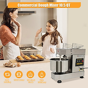 Commercial Food Mixer, 10.5Qt Capacity, 750W Dual Rotating Dough Kneading Machine with Food-grade Stainless Steel Bowl, Security Shield & Timer Included, Baking Equipment for Restaurant (Silver)