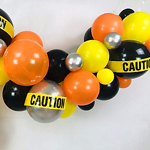 Quarantine Balloon Garland & Arch Kit, 74 Pack 12Inch 5Inch Black, Orange, Yellow, Silver Latex Balloons Strip Set with Caution Tape for Quarantine Birthday Party Decorations Construction