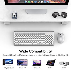 Wireless Keyboard and Mouse Combo with 7 Colored Backlits, Wrist Rest, Rechargeable Ergonomic Keyboard with Phone Holder, Silent Lighted Full Size Combo for Window, Mac, PC, Laptop (Silver and White)