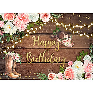 SVBright Cowgirl Birthday Backdrop for Woman 7Wx5H Western Rustic Country Wooden Plank Pink Flower Happy Birthday Baby Shower Wood Hat Retro Decoration Photography Background Banner Photo Booth Studio
