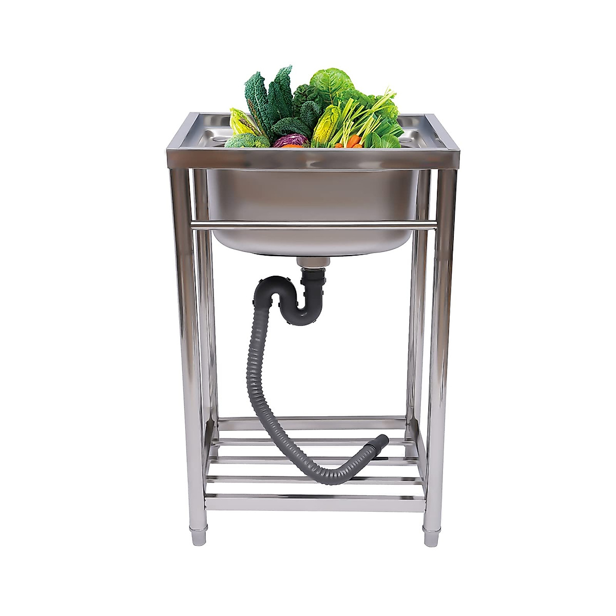 Free Standing Stainless-Steel Single Bowl Commercial Restaurant Kitchen Sink Set w/Drainboard, Prep & Utility Washing Hand Basin w/Storage Shelves Indoor Outdoor