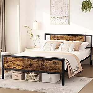 Recaceik Queen Bed Frame, Platform Bed Frame with Rustic Vintage Wooden Headboard & Footboard, Heavy Duty Metal Slats Support, Mattress Foundation, No Box Spring Needed, No Noise, Queen Size