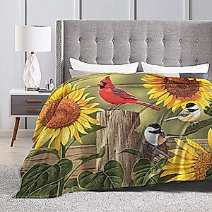 Fiokroo Rustic Sunflowers Floral Cardinal Birds Fleece Blanket Lightweight Cozy Ultra-Soft Throw Blanket Microfiber Blankets All Seasons for Home Bedroom Couch Sofa Travel 50x60 Inch