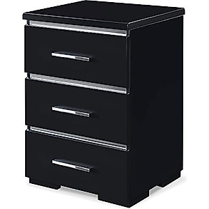 Finch Belmont Fully Assembled Nightstand Modern Mirrored Accent, Bedside End Table with Silver Handles, 3-Drawer, Black