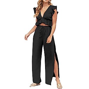 FANCYINN 2 Pieces Black Beach Jumpsuits Outfits for Women Deep V Neck Crop Top Side Slit Drawstring Wide Leg Pants Set Halloween Black Witch M