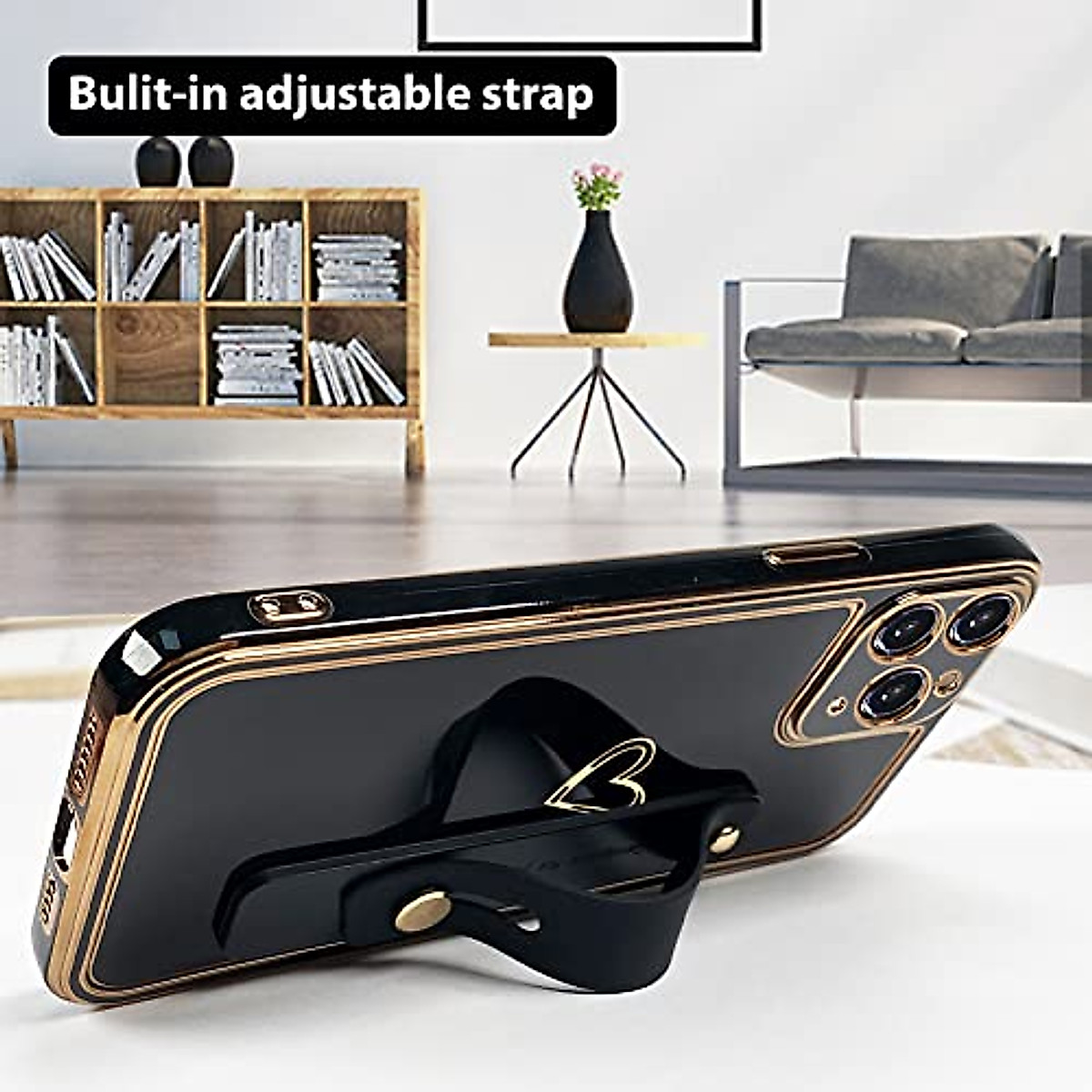 KANGHAR Designed for iPhone 11 Pro Max Case with Wrist Strap Loop Luxury Love Heart Plating Gold Bumper Phone Cover Wristband Kickstand Full Body Protective Slim Case for Women-Black