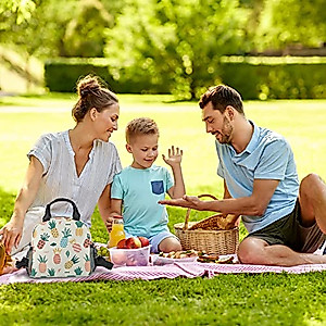 Insulated Kids Lunch Bag, Reusable Lunch Box Container with Adjustable Shoulder Strap for Adult Work School Travel, Thermal Lunch Tote Cooler Bag with Side Pockets for Boys Girls Women Men (Pineapple)