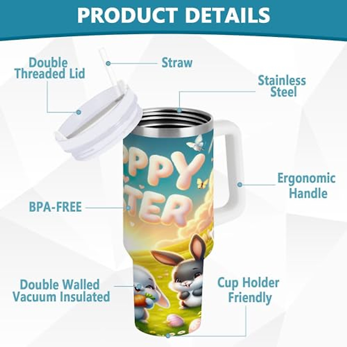 RPLIFE Cute Easter Rabbits Tumbler with Handle, Stainless Steel Coffee Tumbler, Tumbler with Lid and Straw