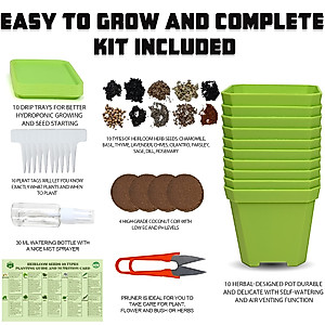 10 Herb Seeds Garden Starter Grow Kit with Green Pots, Markers, Nutritional Soil, Watering, Herb Clipper, Complete Indoor Potted Plant Growing Set for Kitchen DIY