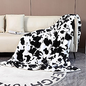 SUCSES Black and White Cow Print Blanket Faux Fur Fleece Cow Blankets for Couch Sofa Western Style Fluffy Furry Throw Blanket for Kids Boys Girls Adults (Black White, 63"x79")