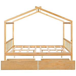 Harper & Bright Designs Full House Bed for Kids, Wooden Full Size House Bed Frame with Two Drawers, Full Storage Bed with Headboard and Footboard,Roof Design for Girls Boys, Natural