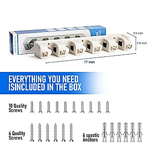 TKISZYZR Broom and Mop Holder Wall Mount, Broom Holder Wall Mounted, Mop Hanger or Garden Kitchen Garage Storage and Organization(5 Positions with 6 Hooks) (Beige)