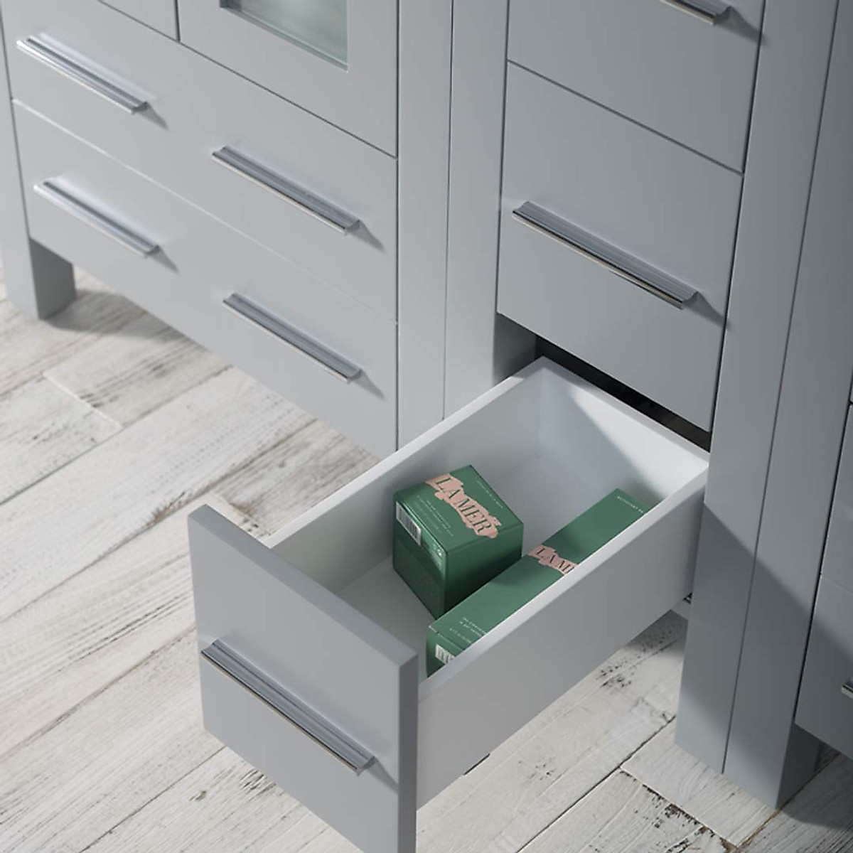 60 Inches All Wood Double Ceramic Sink Bathroom Vanity with Side Cabinet, 001 60 15 C (Double Ceramic Top, Metal Grey)