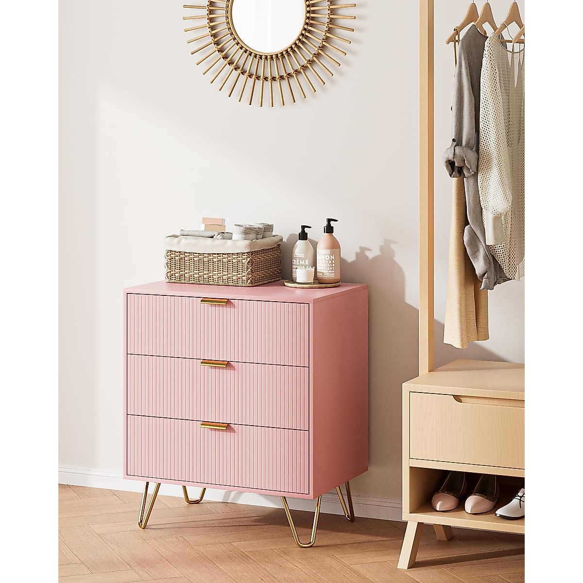 Aobafuir 3 Drawer Dresser for Bedroom, Modern Closet Dressers Chest of Drawers, Storage Dresser Chest Cabinet Organizer Unit, Small Fluted Dresser for Bedroom (Pink Stripe)