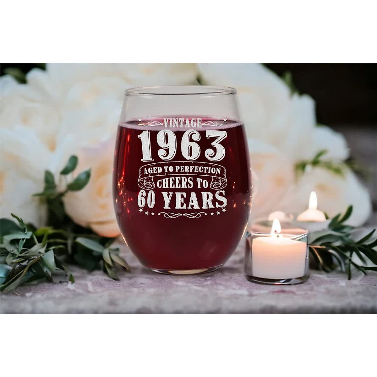 JohnPartners993 60Th Birthday Aged To Perfection - Vintage 1963 Engraved Wine Glass - 1963 60Th Birthday Gifts For Men - Vintage Wine Glasses - Present Ideas For Her Him