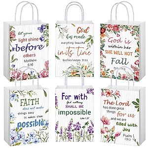 Yeaqee 24 Pcs Religious Gift Bags Bible Verse Treat Bags Inspirational Flower Paper Bags with Handles Christian Church Gifts in Bulk for Women Wedding Birthday First Communion Baptism