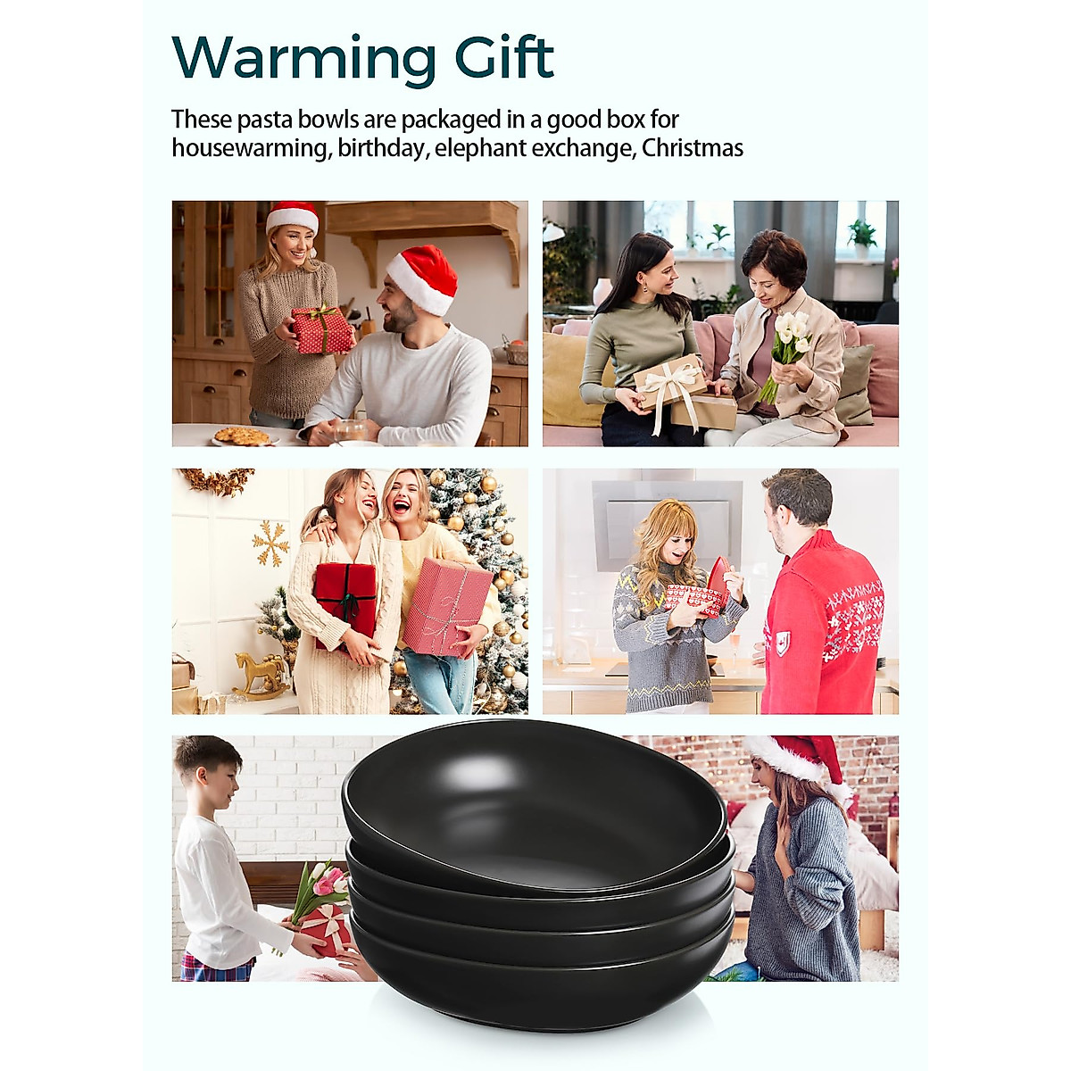 Teocera Pasta Bowls, Salad Bowls Set, Large Serving Bowls, 50 Ounce Porcelain Matte Black Bowls Set of 4 - Square Design, Microwave Dishwasher Safe