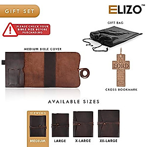 ELIZO Leather Bible Cover for Men Bible Case for Men Medium Leather Bible Covers for Women Bible Bag Mens Bible Cover Book Cover Bible Holder Bible Wrap Around Strap Bible Cover Gifts Carrying Case