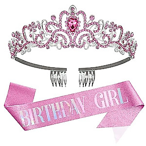 Birthday Girl Sash and Crown Set, Rhinestone Birthday Girl Headband Glitter Princess Birthday Sash And Crowns for Women Happy Birthday Tiara Accessories Favors (pink)
