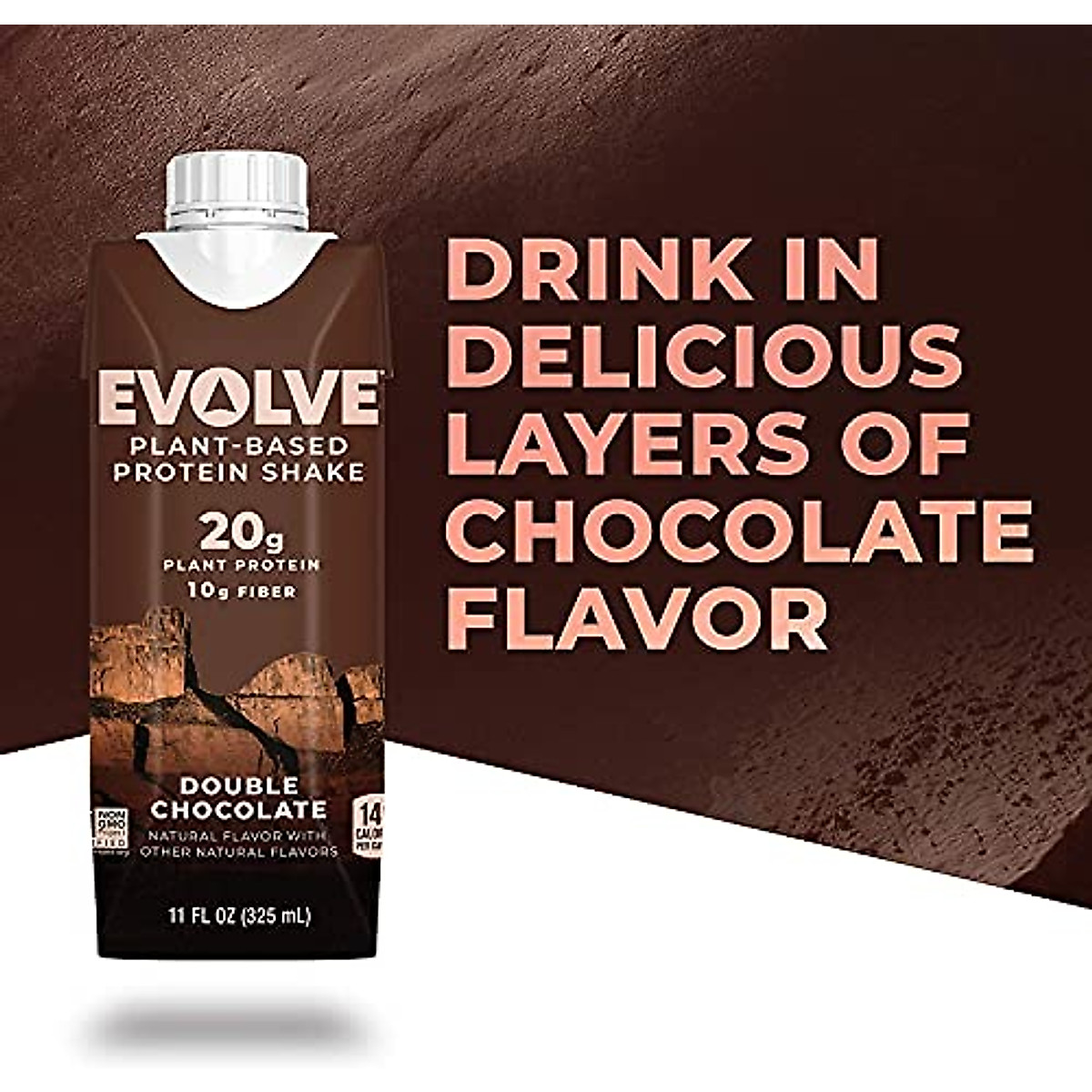 Evolve Plant Based Protein Shake, Double Chocolate, 20g Vegan Protein, Dairy Free, No Artificial Sweeteners, Non-GMO, 10g Fiber, 11oz, (4 Pack)
