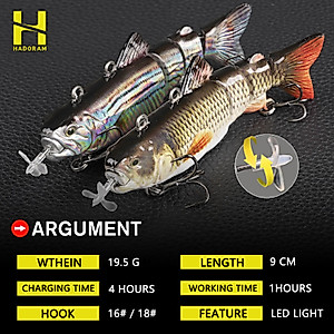 Robotic Swimming Fishing Bait Electric Lures 3.5" USB Rechargeable LED Light Wobbler 4-Segement Multi Jointed Swimbait Hard Lures Fishing Tackle
