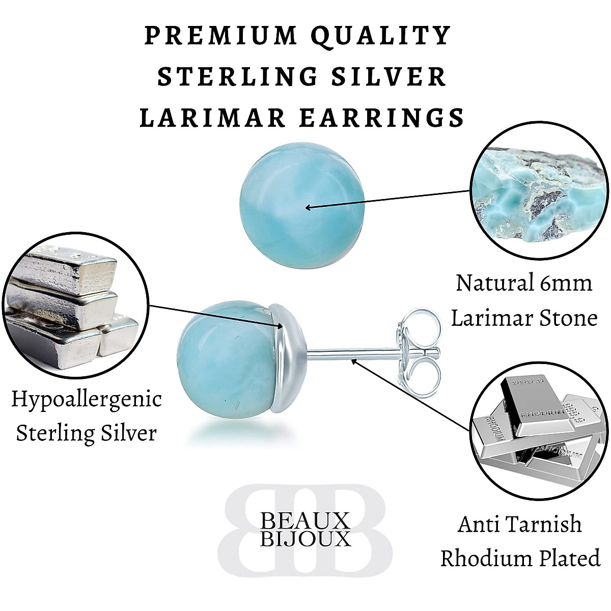 Beaux Bijoux Sterling Silver Larimar Blue Earrings for Women - Larimar Jewelry for Women - Round Larimar Bead Earrings for Women - Natural Larimar Stones - Hypoallergenic Larimar Earrings for Women