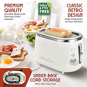 Mueller Retro Toaster 2 Slice with 7 Browning Levels and 3 Functions: Reheat, Defrost & Cancel, Stainless Steel Features, Removable Crumb Tray, Under Base Cord Storage, White