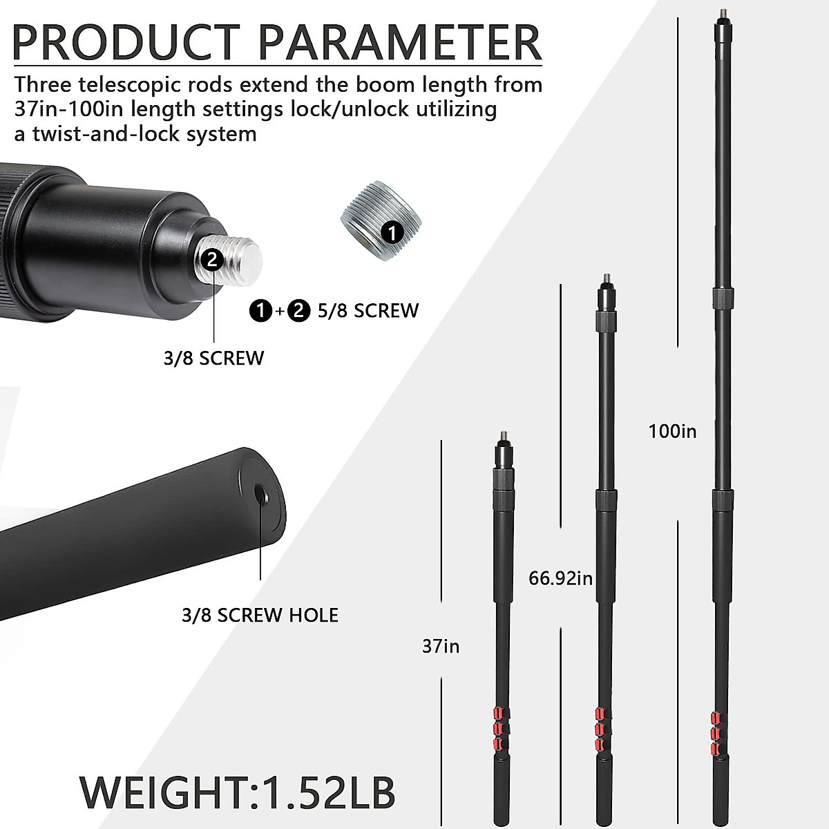 Portable Handheld Boom Pole for Shotgun Mic, 3-Section Extendable Microphone Arm for Filming with 3/8" and 5/8" Threads, 3ft to 8.3ft Adjustable Length