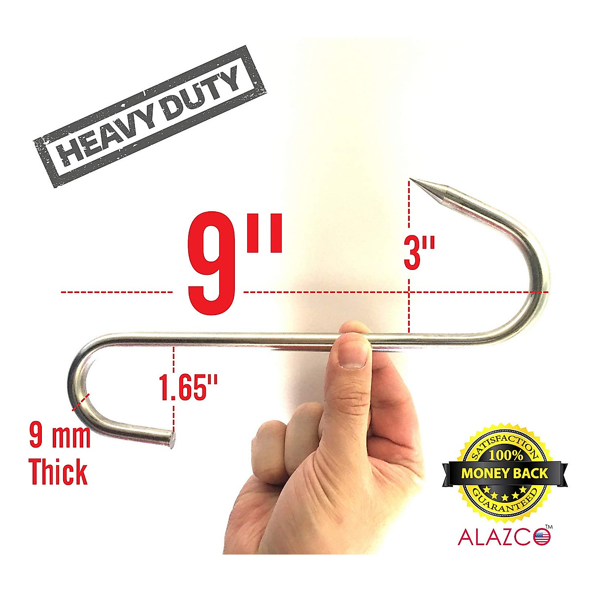 ALAZCO 2pc 9" Heavy Duty & Thick Stainless Steel Meat Processing Butcher Hook - Wild Game, Smoking Ribs BBQ Large Fish, Hunting, Carcass Deer Hanging S-Hook Excellent Quality 9mm Thick