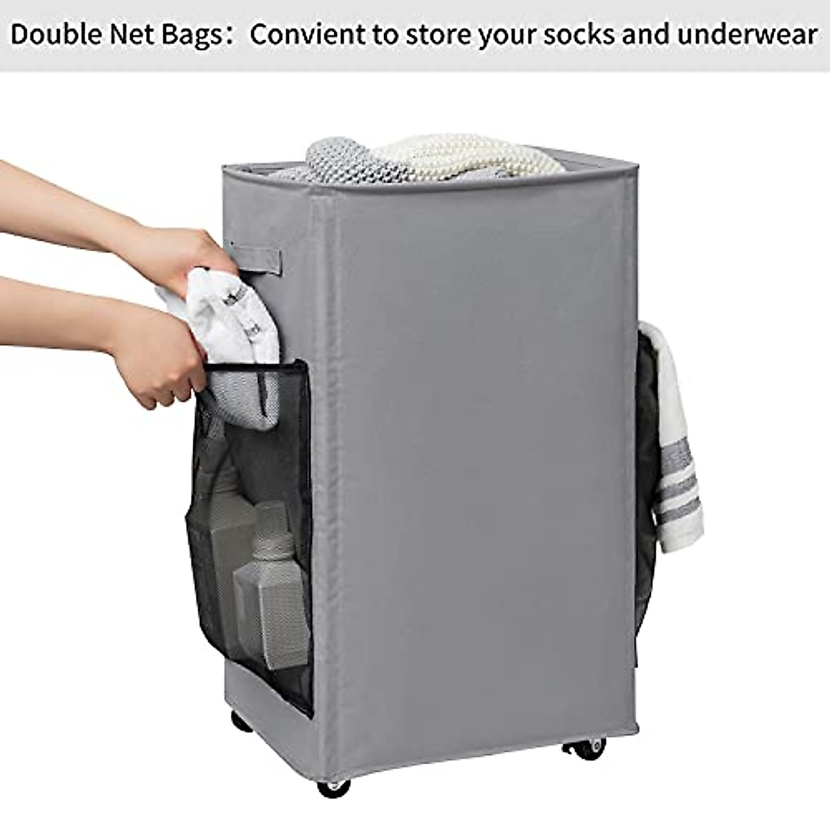 Chrislley 90L Rolling Laundry Basket Large Laundry Hamper with Wheels Collapsible Clothes Hamper Rolling Tall Laundry Storage Cart Foldable Clothes Organizer (Grey)