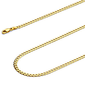 14k REAL Yellow Gold Solid 3mm Cuban Concave Curb Chain Bracelet with Lobster Claw Clasp - 7"