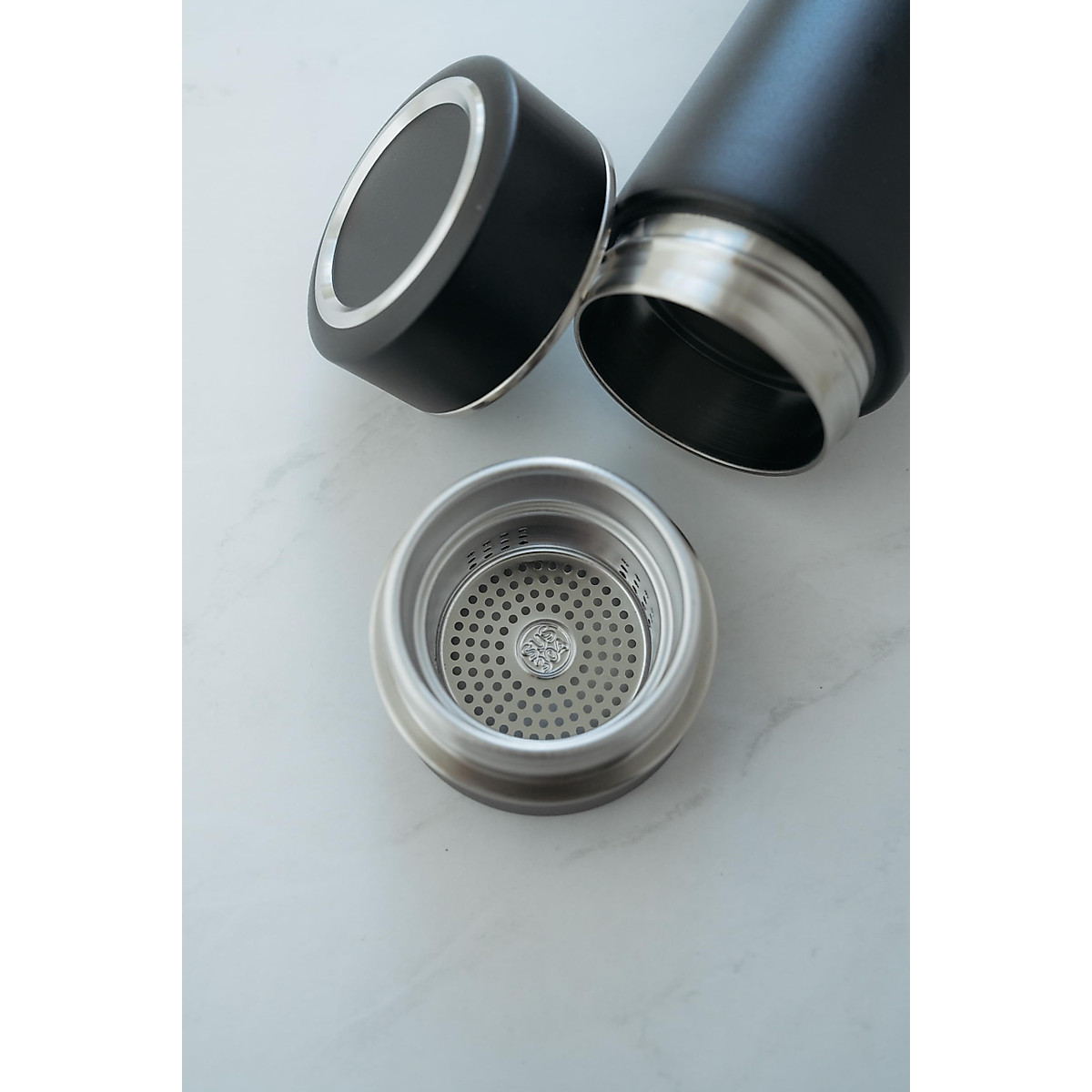 Insulated Tea Infuser Tumbler Thermos - Stainless Steel Travel Tea Mug with Lid | Cold Brew Coffee Mug Flask (Black Detachable, 15.9oz)