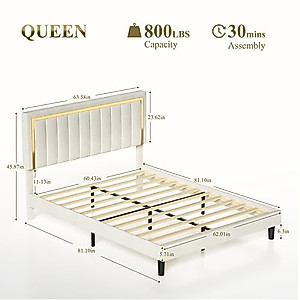 Origeture Queen Platform Bed Frame with Adjustable Headboard, Velvet Upholstered Queen Bed Frame Modern with Wooden Slats & Gold Tufted, Heavy Duty, Easy Assembly, No Box Spring Needed, Beige