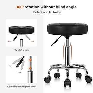 KKTONER Round Rolling Stool Chair PU Leather Height Adjustable Swivel Drafting Work SPA Shop Salon Stools with Wheels Office Chair Small (Black)